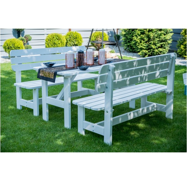Set CADICE Tavolo + 2 Panche Arredo da Esterno in Legno Bianco - Onlywood Set CADICE Tavolo + 2 Panche Arredo da Esterno in Legno Bianco - Onlywood